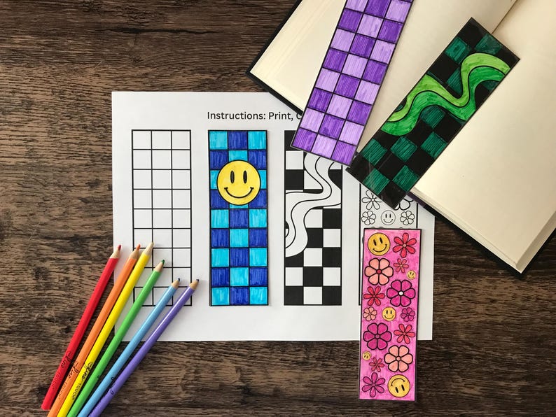 Checkerboard and Smiley Face Printable Coloring Bookmarkers - Etsy