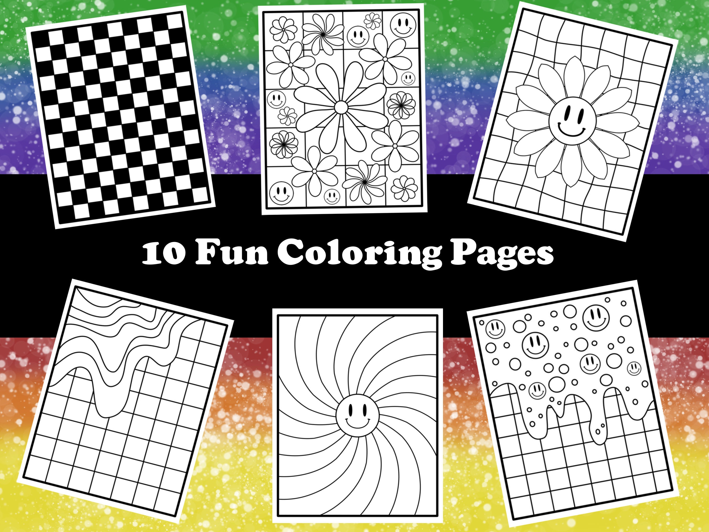 Fun Groovy Style Coloring Pages | Checkered, Smiley Face, Flower ...