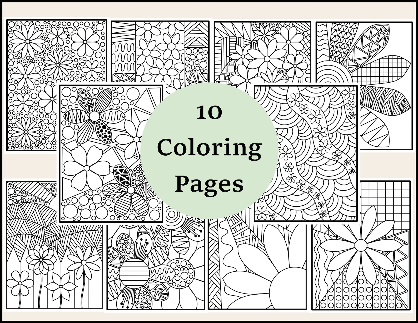 Zentangle Flower Coloring Pages: 10 Printable Pattern Designs (digital ...
