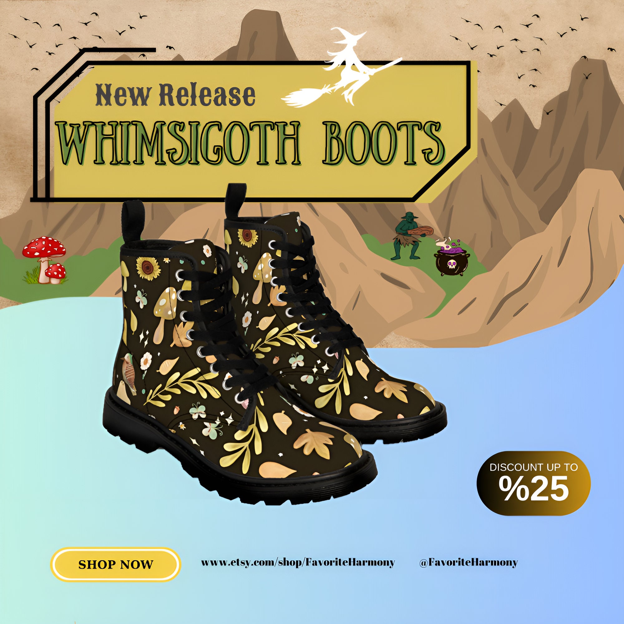 Whimsigoth Flower Boots, Witchy Goblincore Leather Combat Boot, Vegan ...