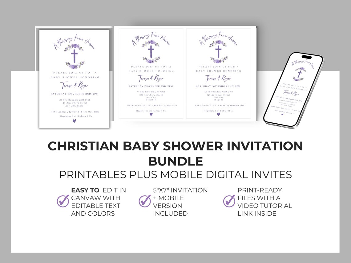 Editable Christian Baby Shower Invitation, Lavender Cross Wreath ...