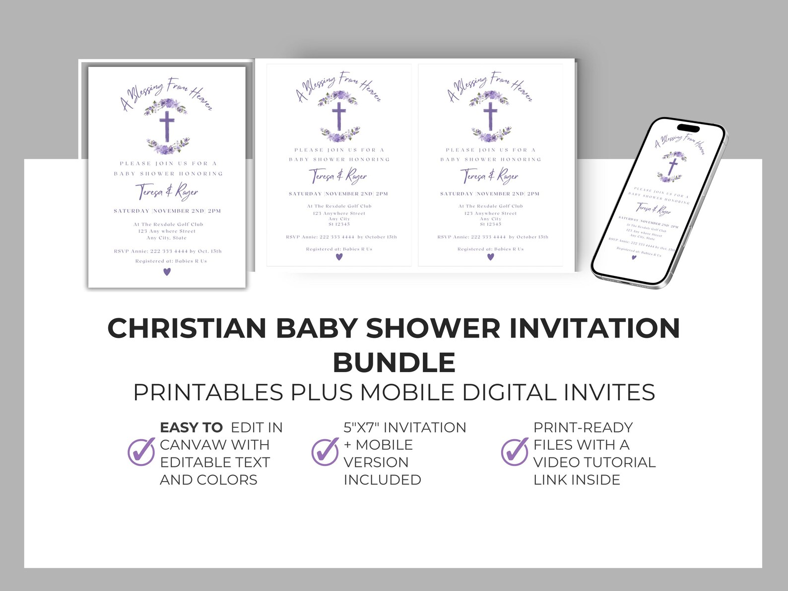 Editable Christian Baby Shower Invitation, Lavender Cross Wreath ...
