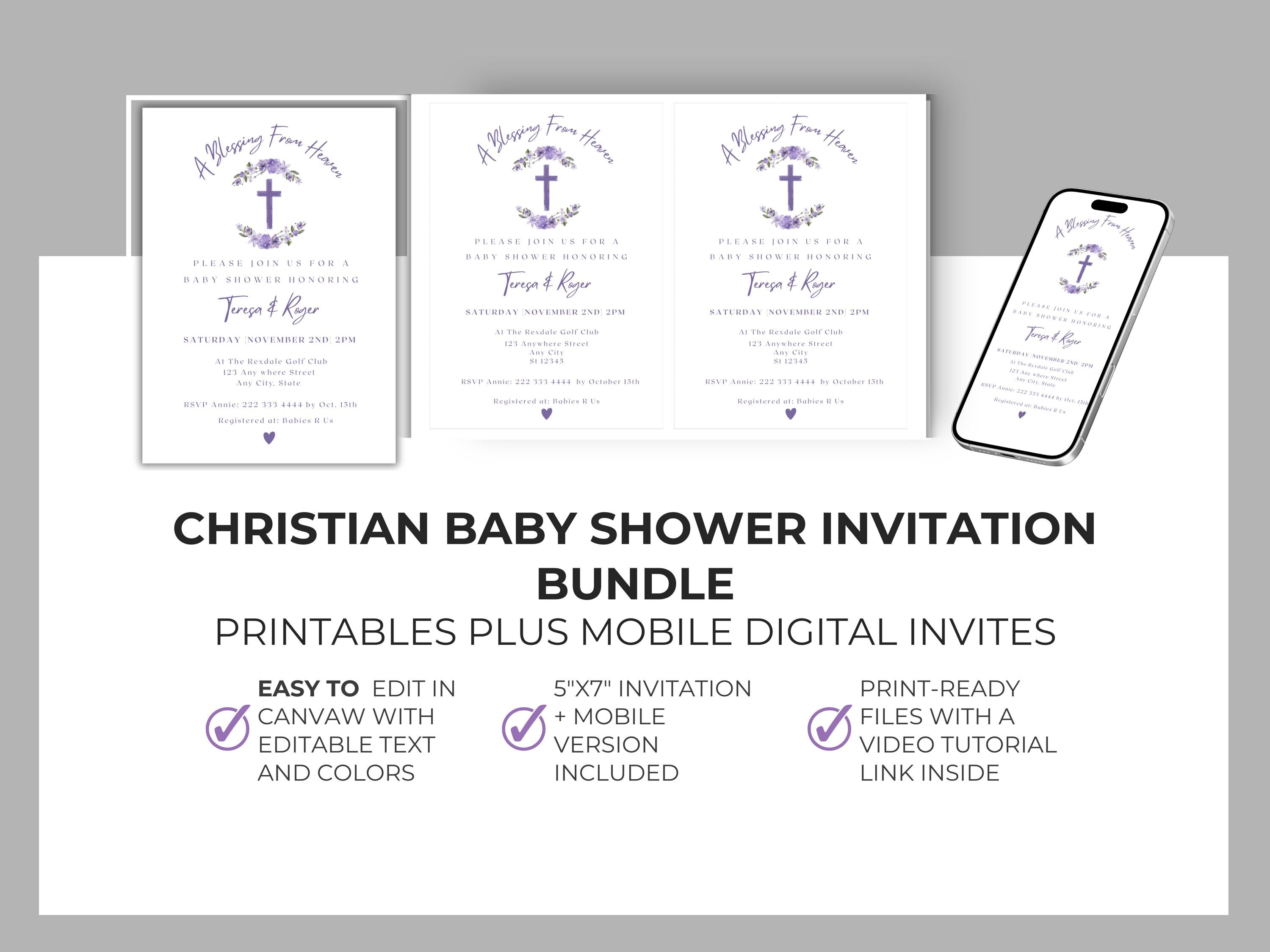 Editable Christian Baby Shower Invitation, Lavender Cross Wreath ...