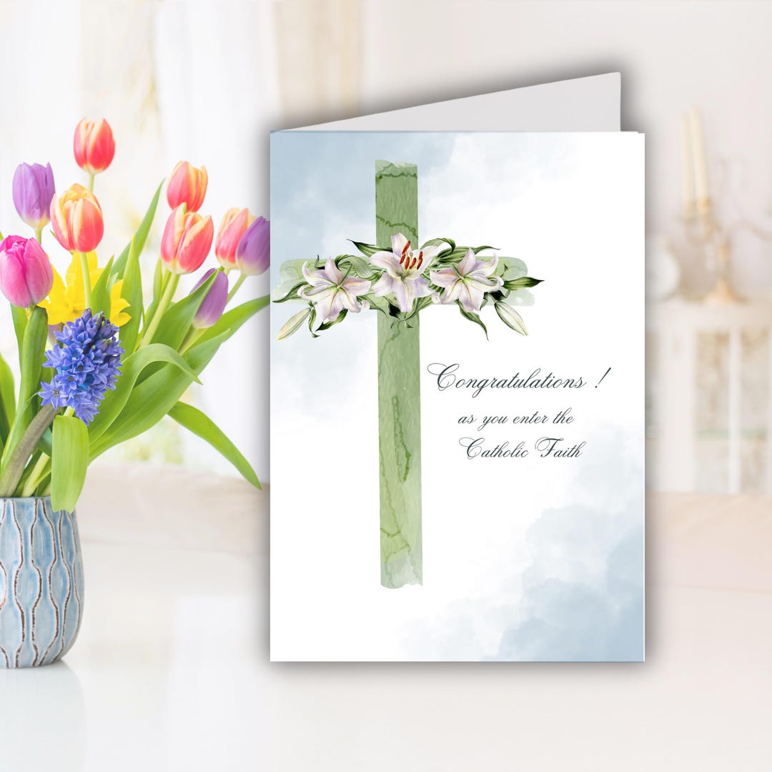 RCIA Congratulations Card | Watercolor Cross & Lilies Printable PDF ...