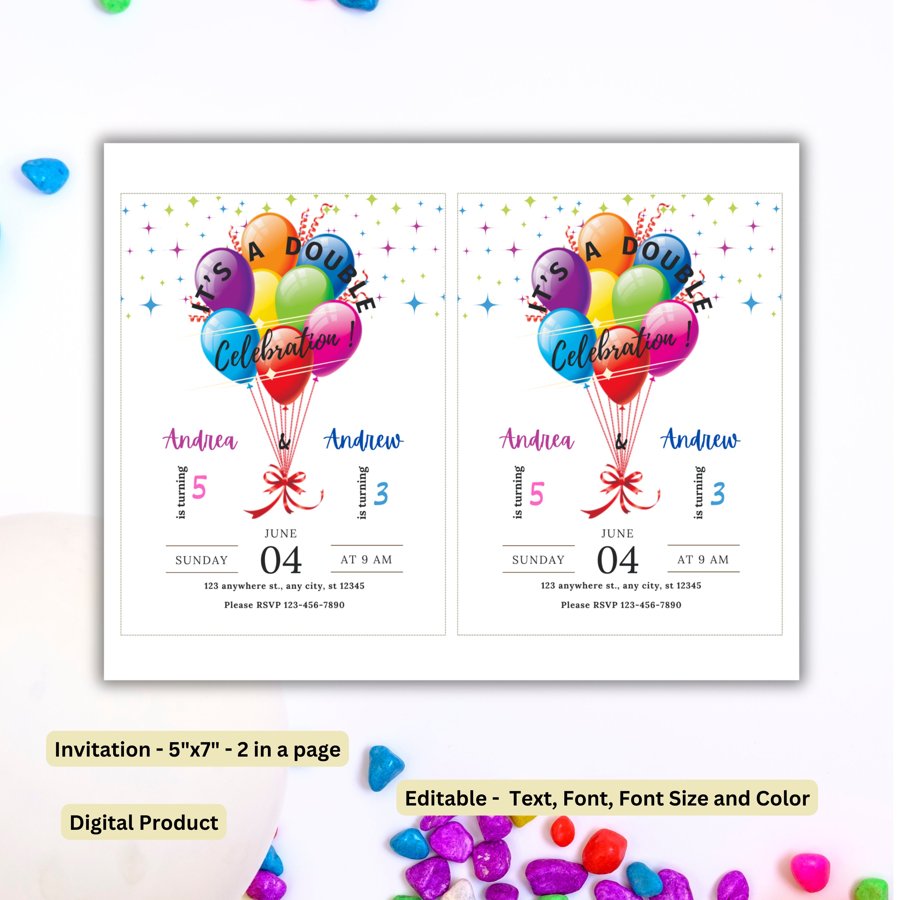 Editable Double Birthday Invitation: Colorful Balloons (digital) - Etsy