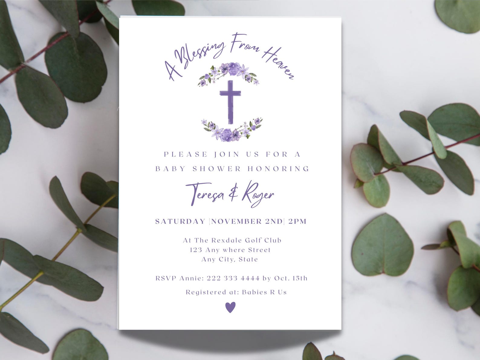 Editable Christian Baby Shower Invitation, Lavender Cross Wreath ...