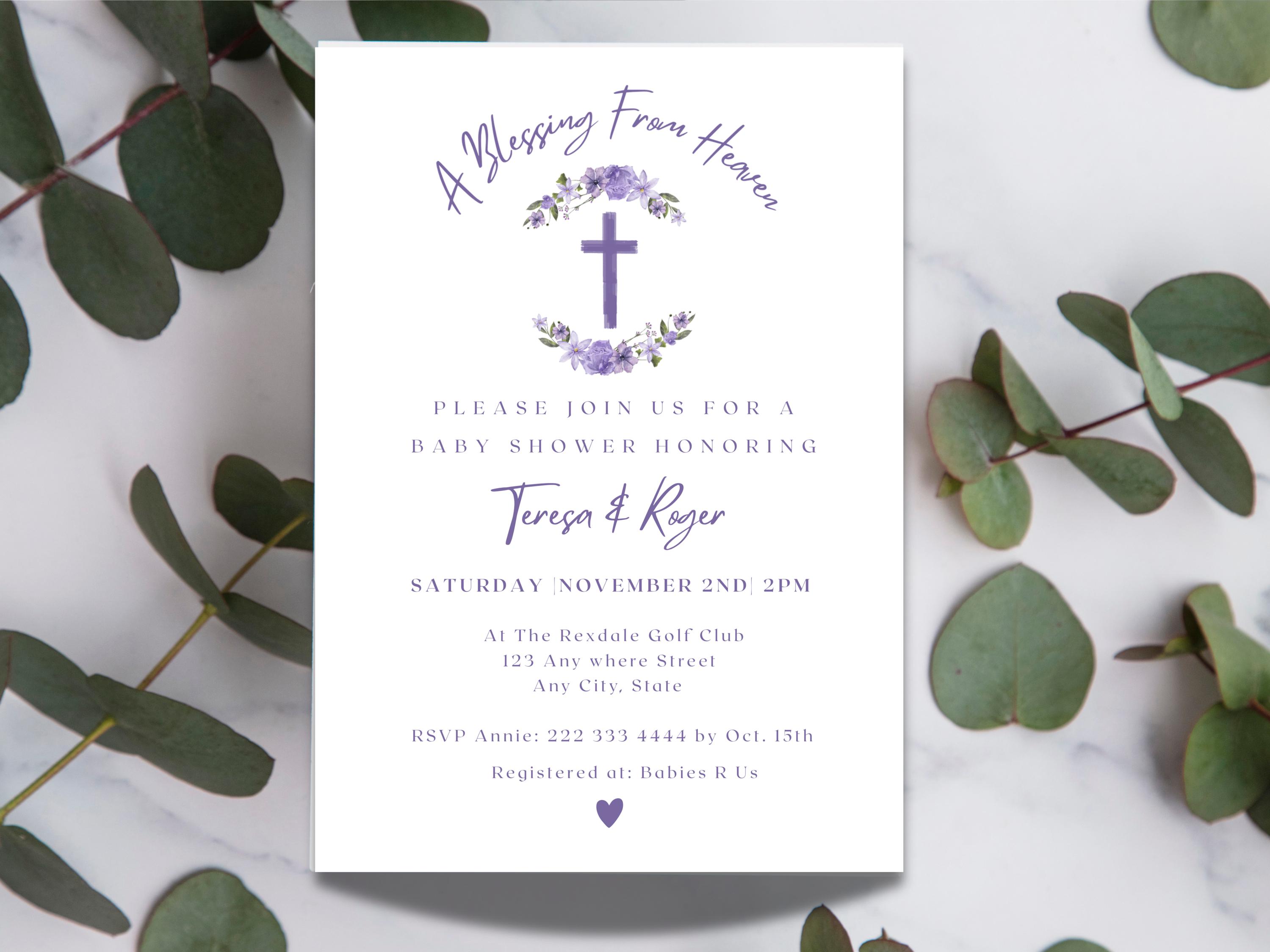 Editable Christian Baby Shower Invitation, Lavender Cross Wreath ...