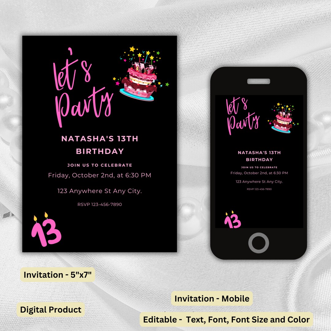 Digital 13th Birthday Invitation Template, Thirteenth Birthday Neon ...