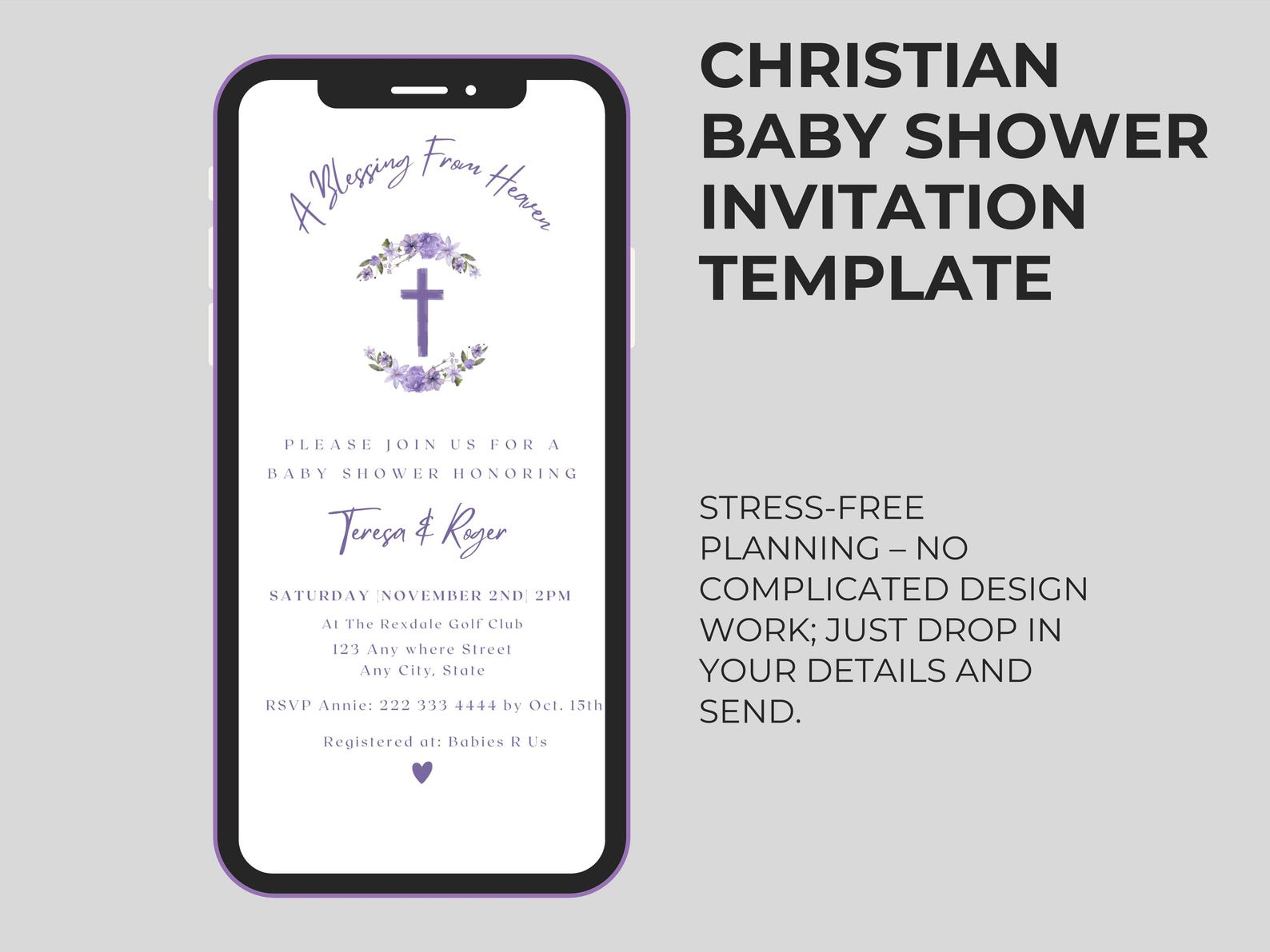 Editable Christian Baby Shower Invitation, Lavender Cross Wreath ...