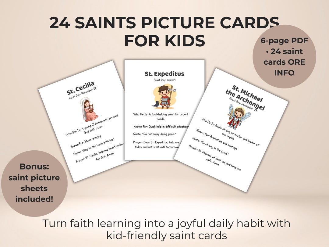 Catholic Saint Cards for Kids • Printable Prayers, Feast Days (digital ...