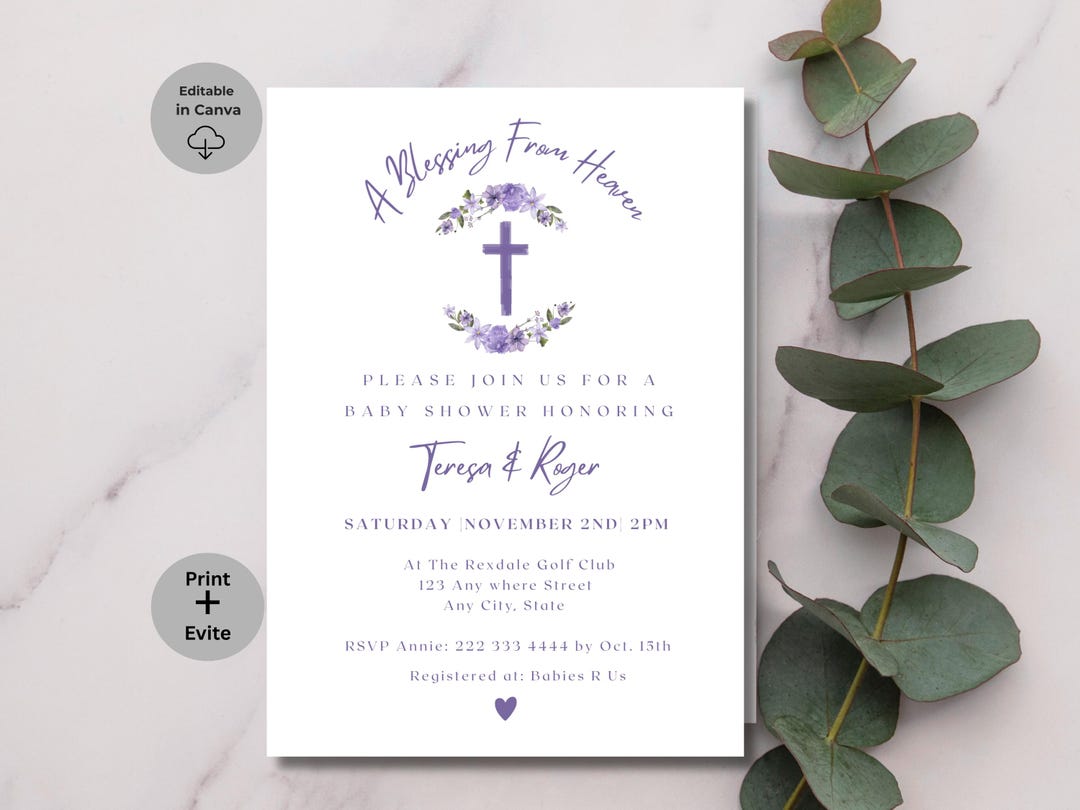 Editable Christian Baby Shower Invitation, Lavender Cross Wreath ...