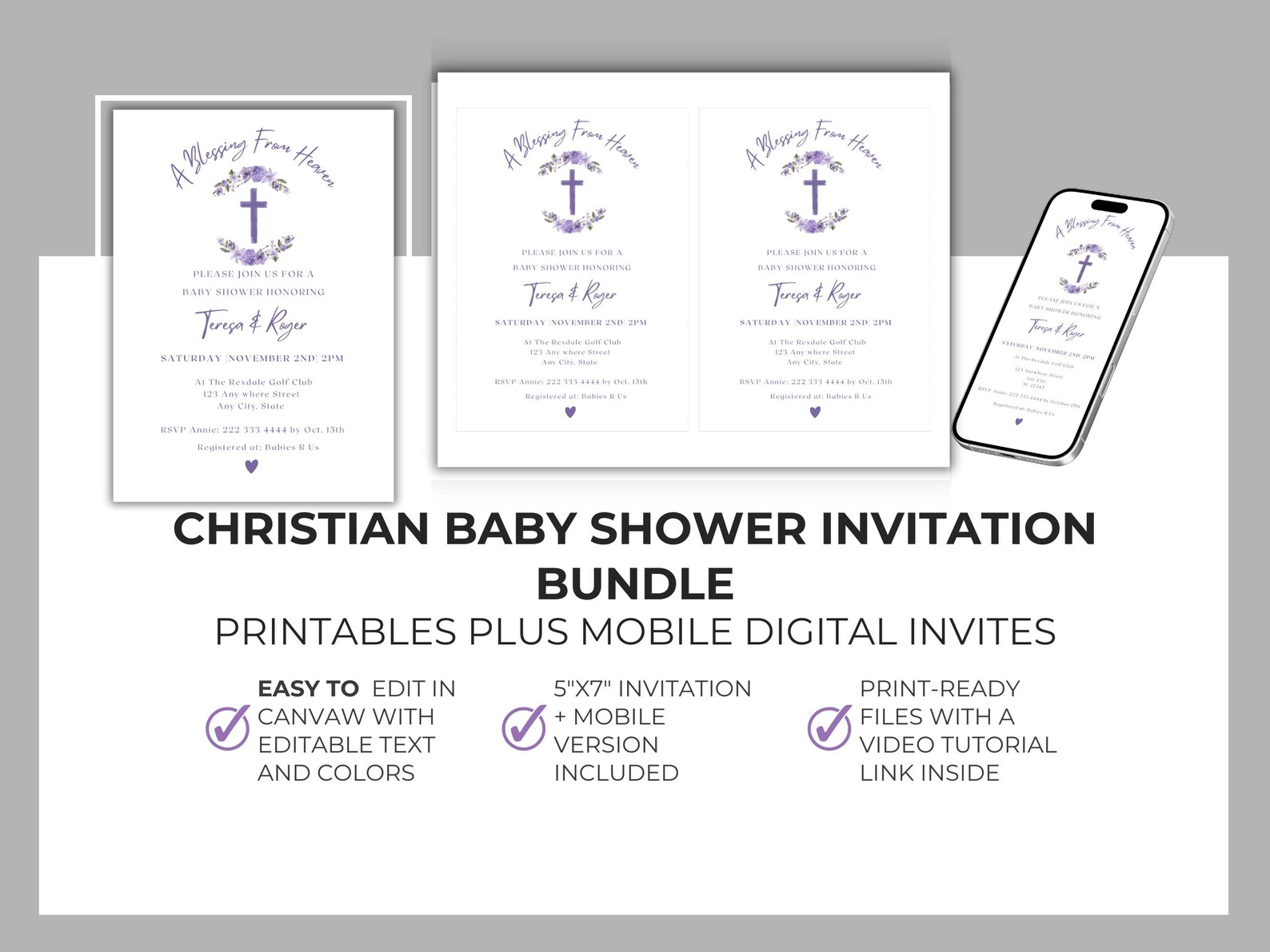 Christian Baby Shower Invitation Template, Lavender Cross Baby Shower ...
