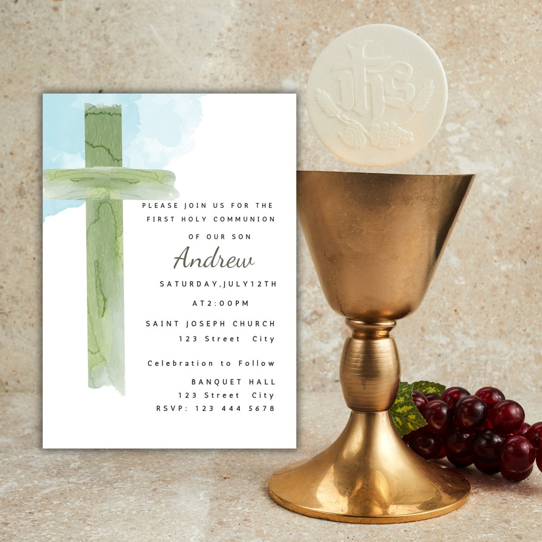 Sage Cross Holy Communion Invitation Template (digital Download) - Etsy
