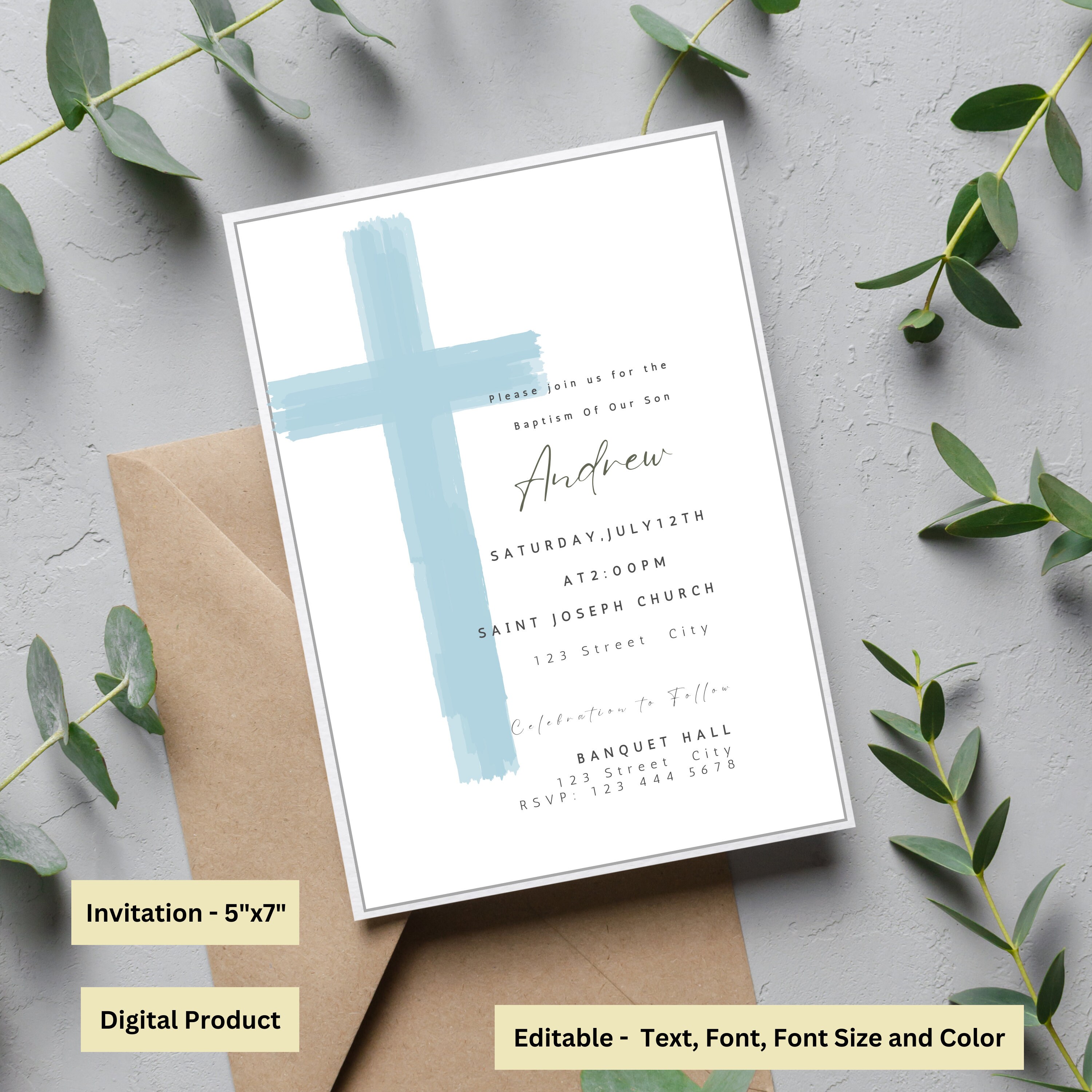 Boy Baptism Invitation Template Modern Christening Invitation ...