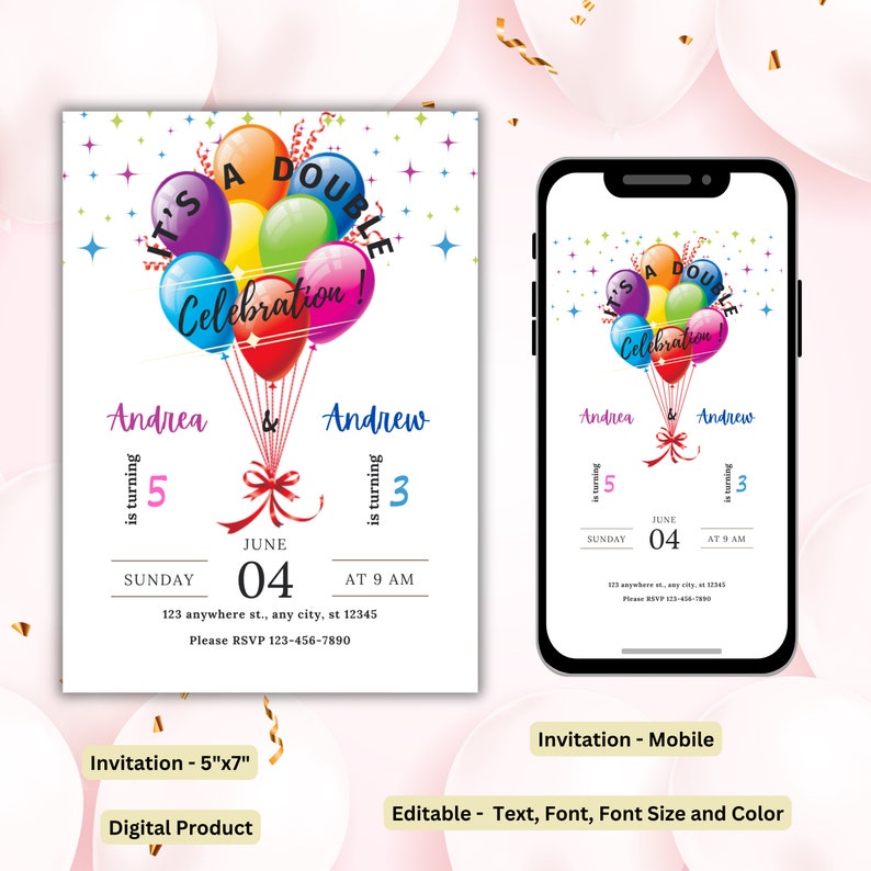 Editable Double Birthday Invitation: Colorful Balloons (digital) - Etsy
