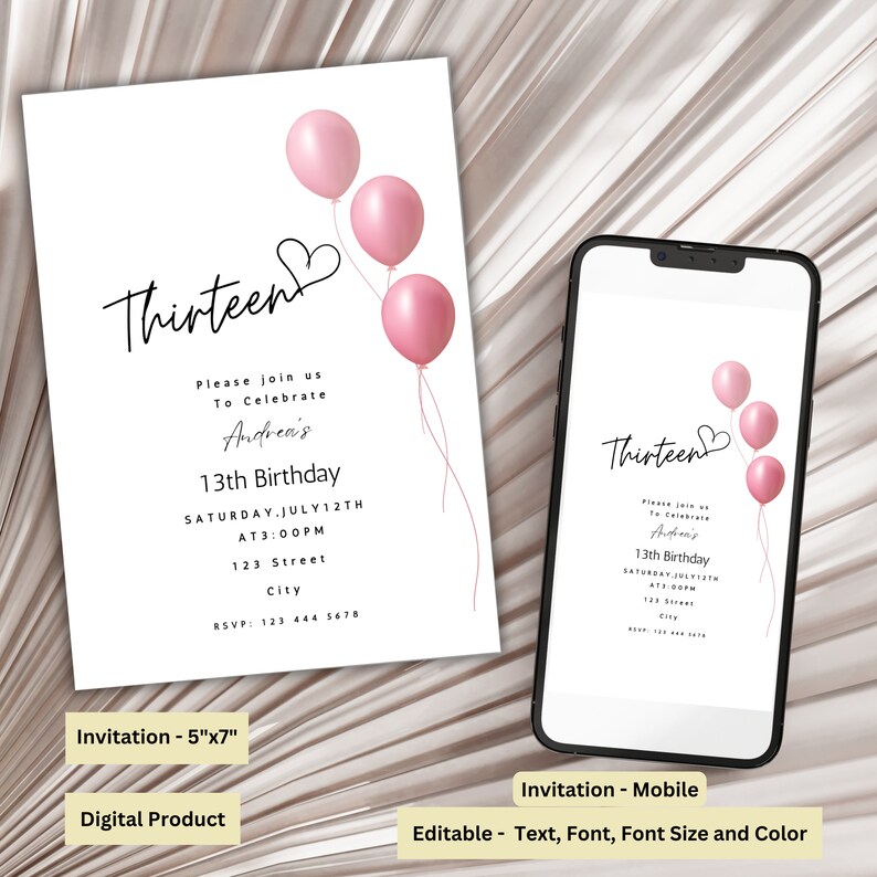 13th Birthday Invitation Editable, Thirteen Birthday Invite, Girl ...