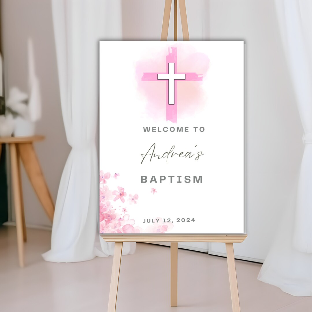 Pink Cross Baptism Welcome Sign: Floral Christening Poster (digital ...