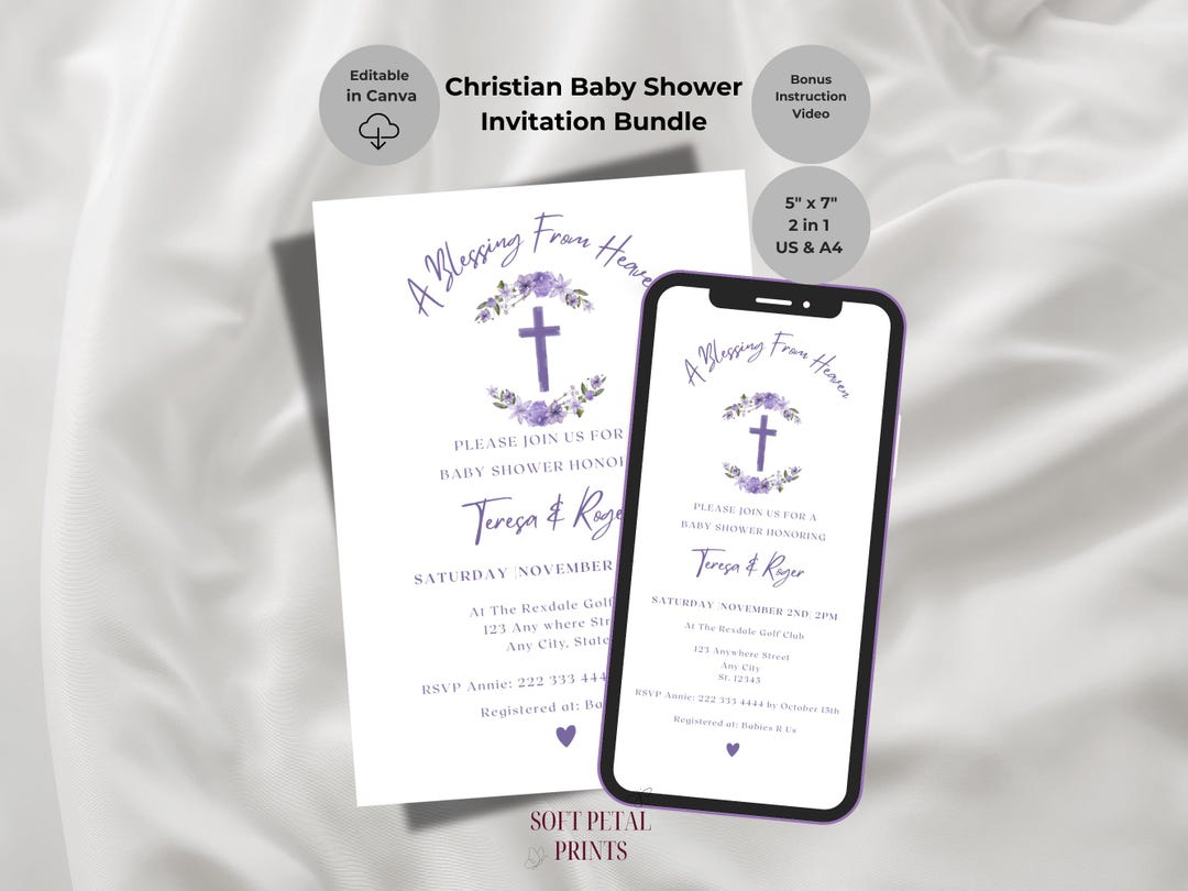 Christian Baby Shower Invitation Template, Lavender Cross Baby Shower ...