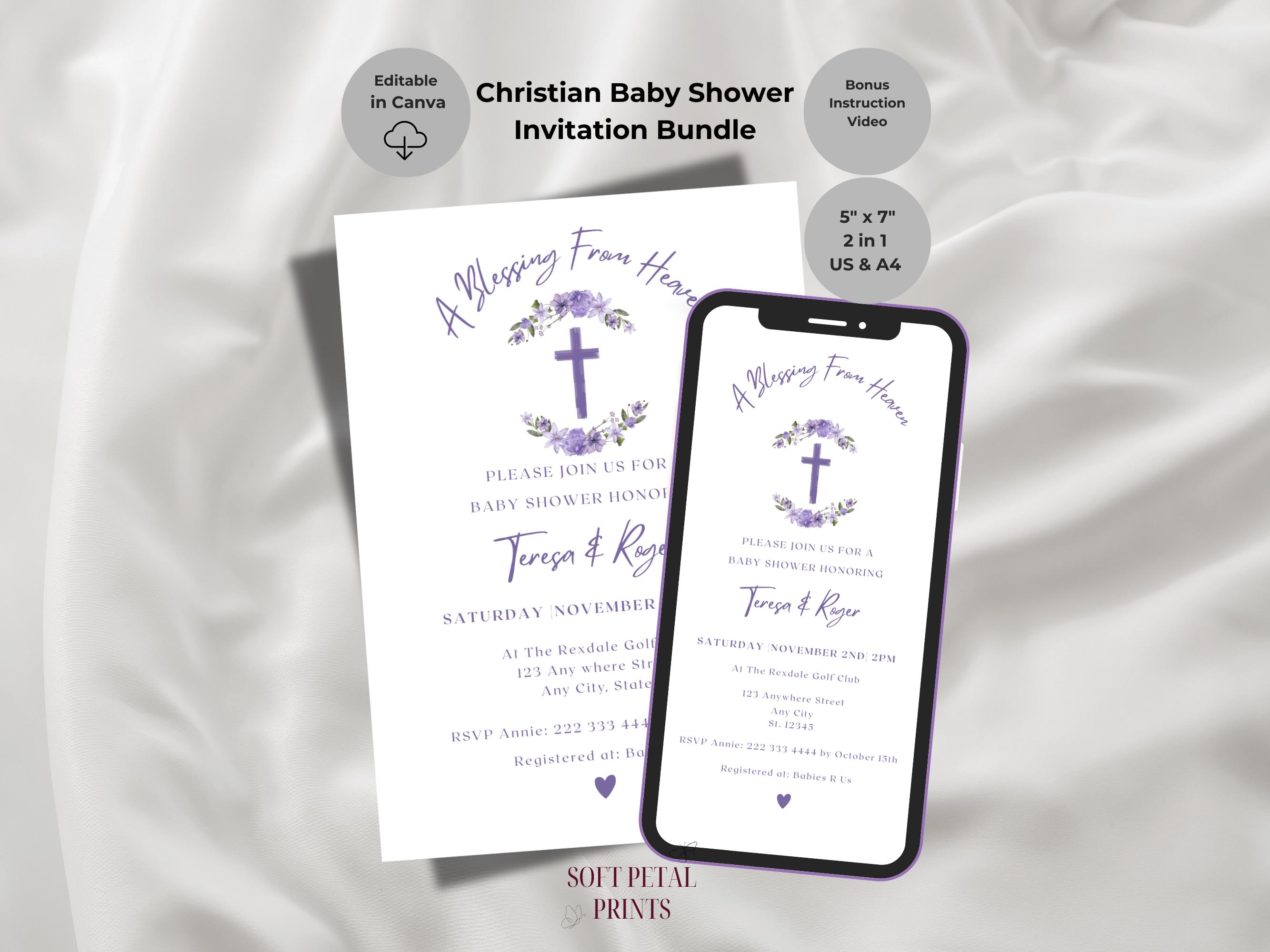 Christian Baby Shower Invitation Template, Lavender Cross Baby Shower ...