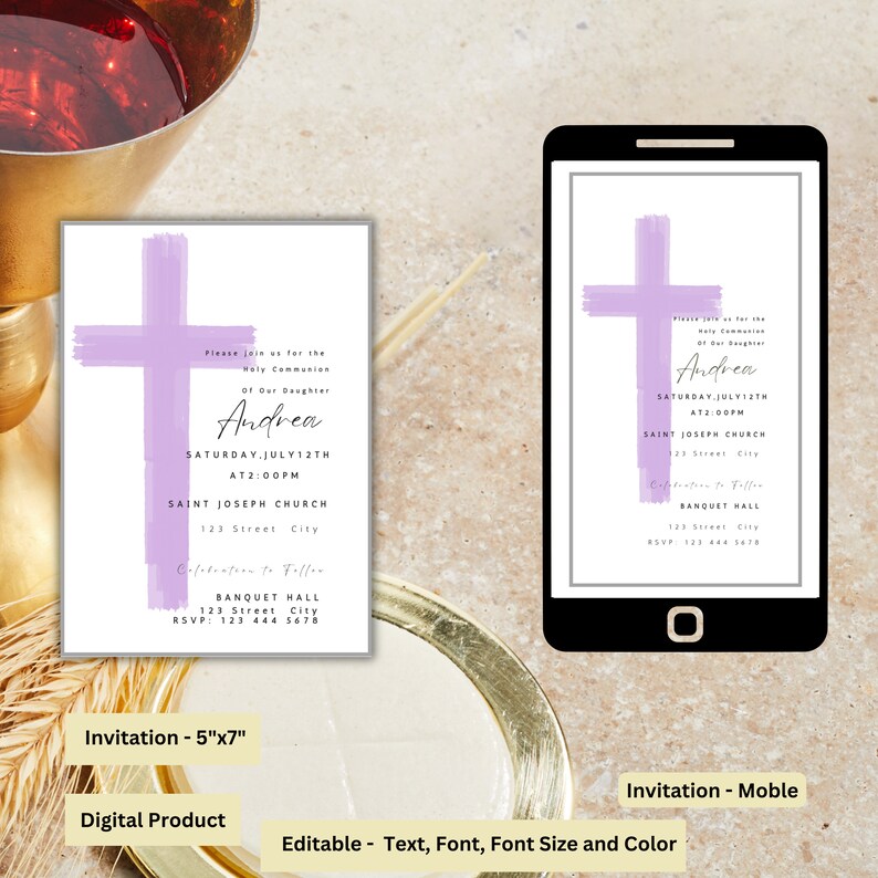 Purple Cross Holy Communion Invitation Template (digital Download ...