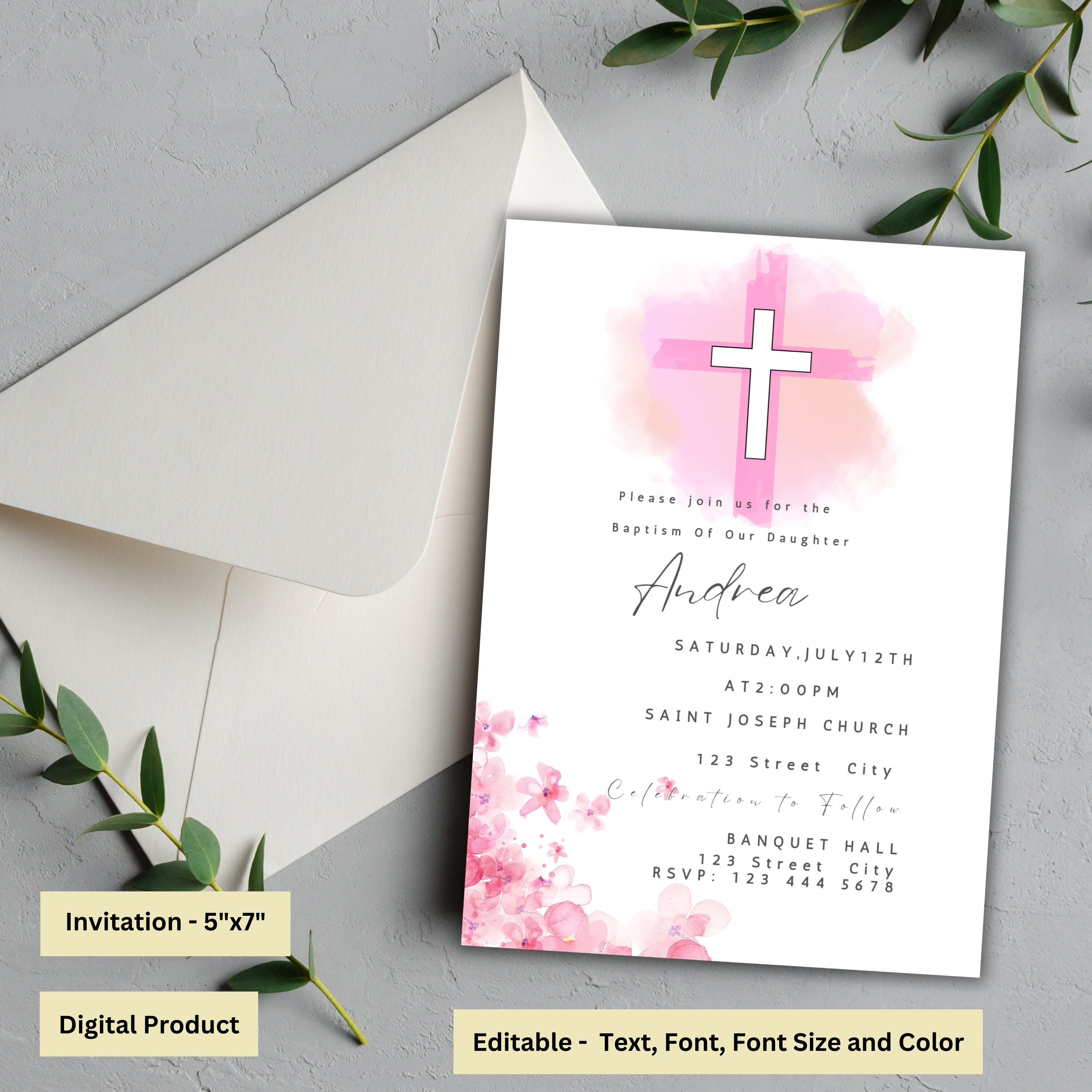 Editable Watercolor Pink Floral Baptism Invitation Set, Water Color ...
