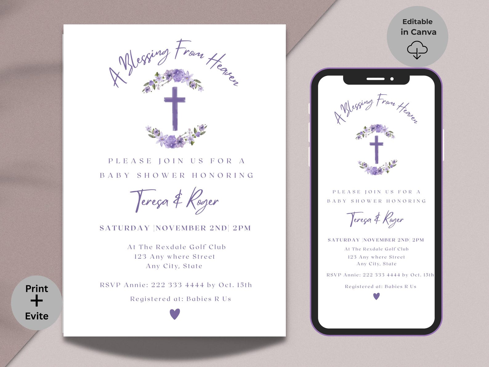 Editable Christian Baby Shower Invitation, Lavender Cross Wreath ...
