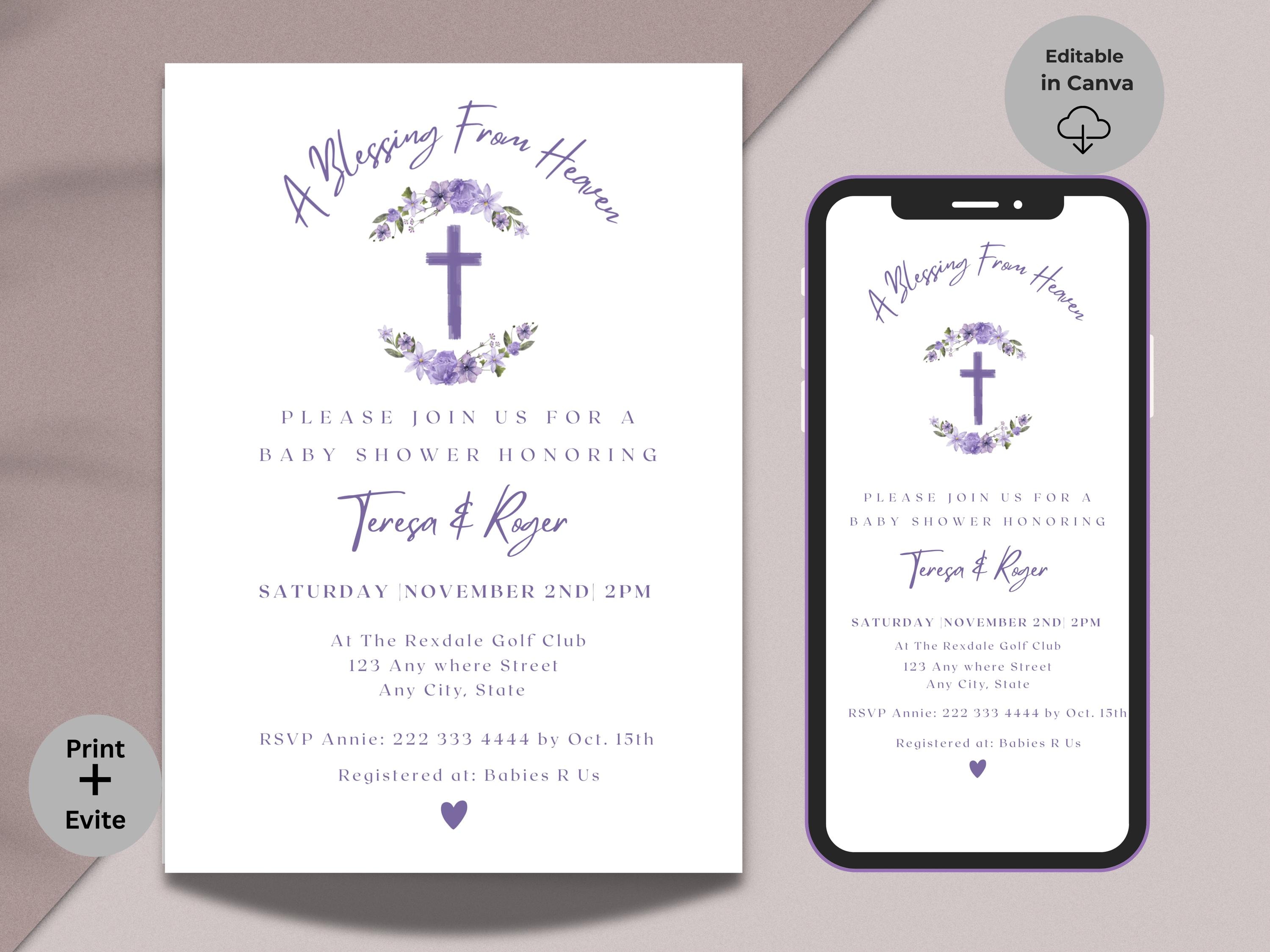 Editable Christian Baby Shower Invitation, Lavender Cross Wreath ...