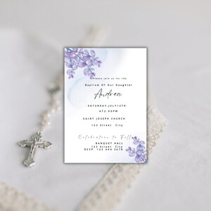 Watercolor Floral Baptism Invitation Template: Lilac & Blue (digital ...