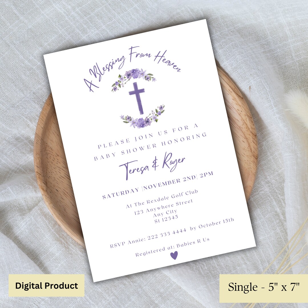 Editable Christian Baby Shower Invitation: Lavender Wreath (digital ...