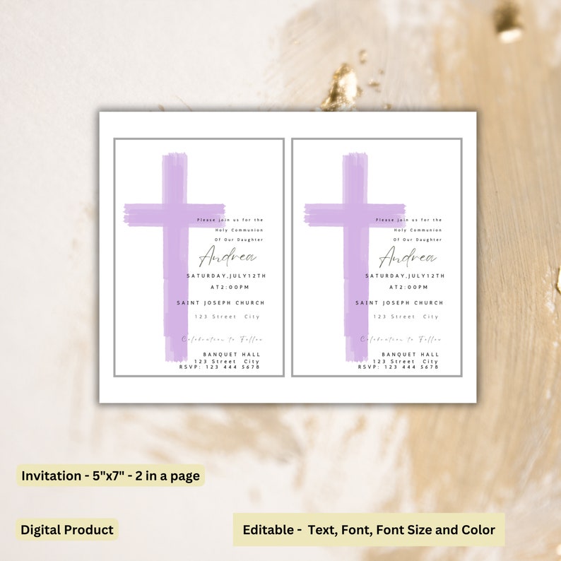 Purple Cross Holy Communion Invitation Template (digital Download ...