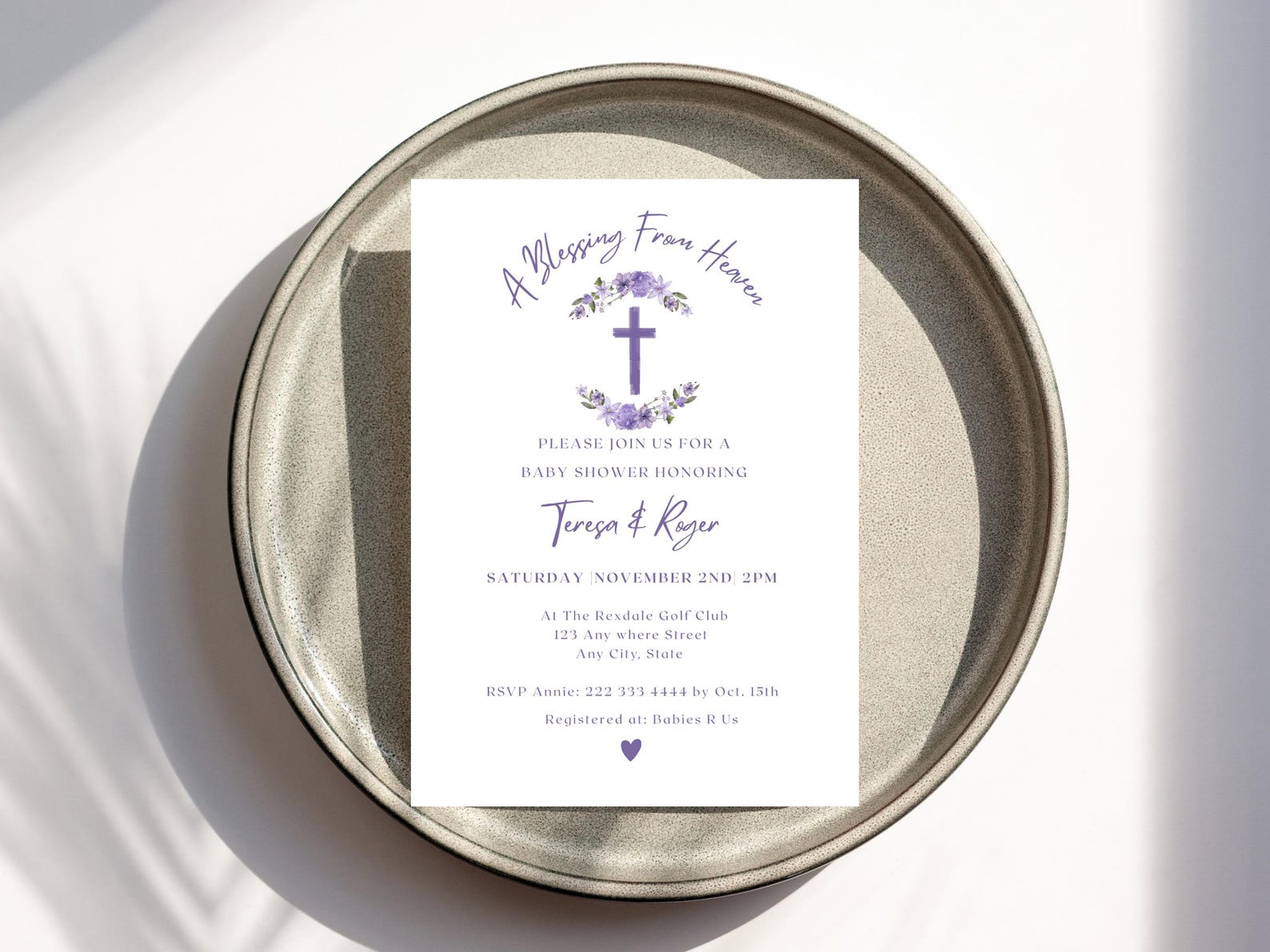 Christian Baby Shower Invitation Template, Lavender Cross Baby Shower ...