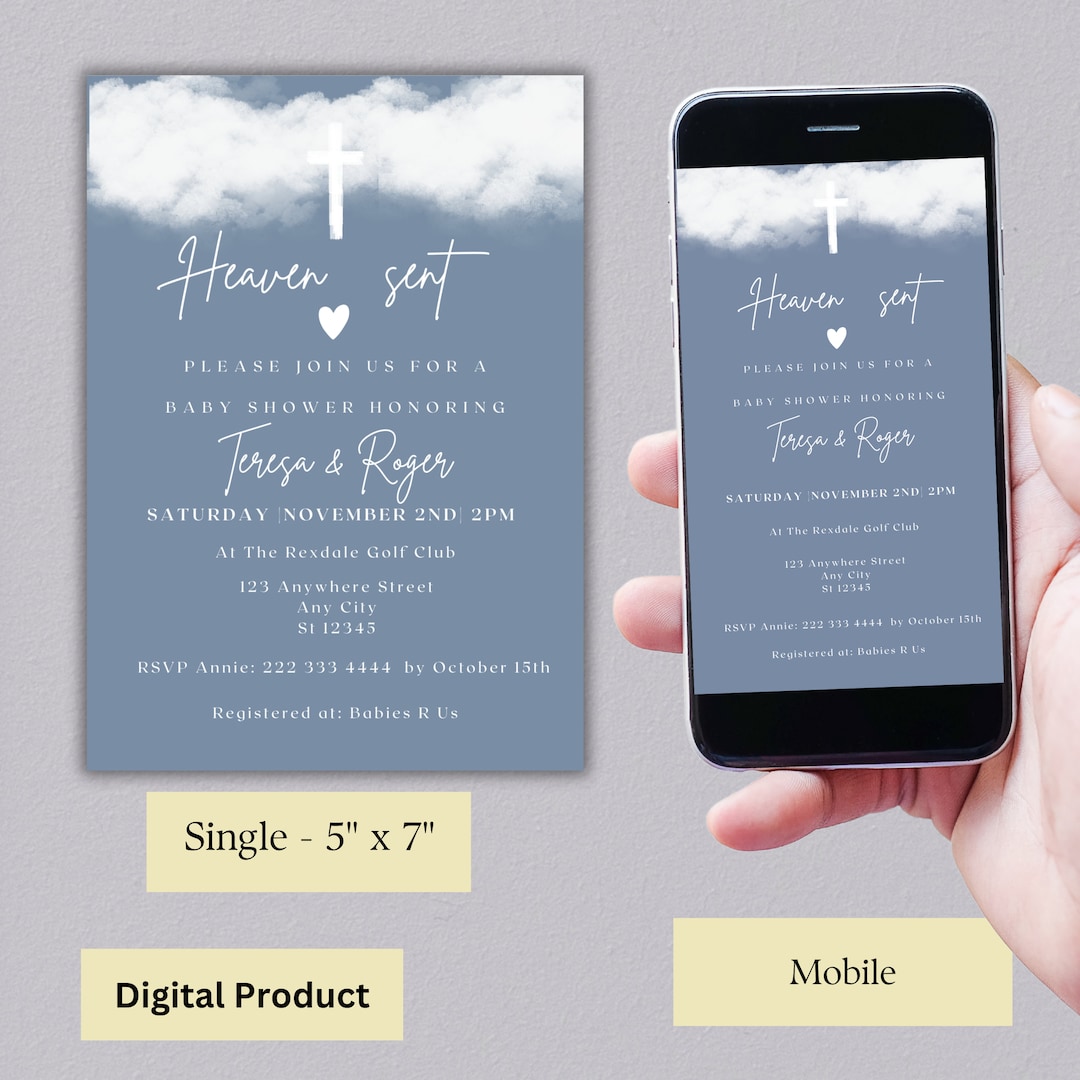 Christian Baby Shower Invitation, Dusty Blue Heaven Sent Baby Shower ...