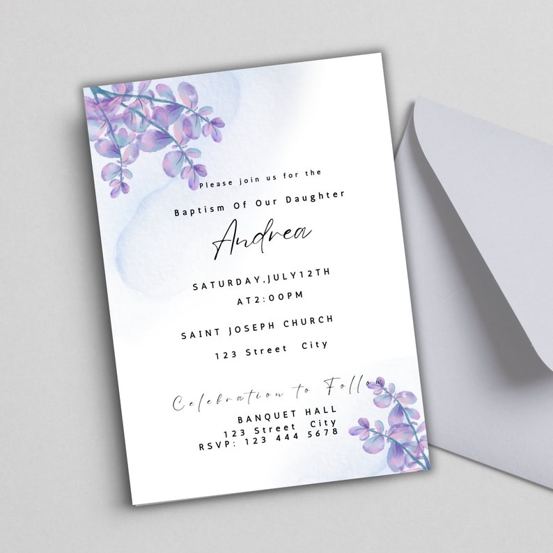 Watercolor Floral Baptism Invitation Template: Lilac & Blue (digital ...