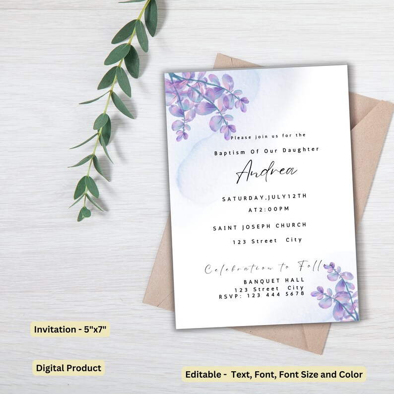 Watercolor Floral Baptism Invitation Template: Lilac & Blue (digital ...