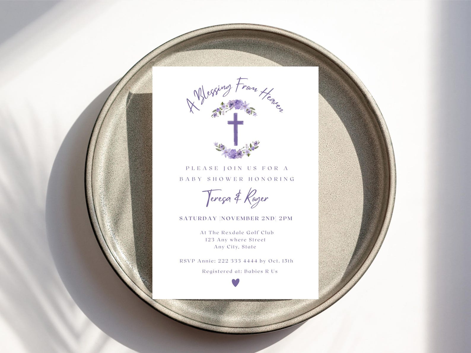 Editable Christian Baby Shower Invitation, Lavender Cross Wreath ...