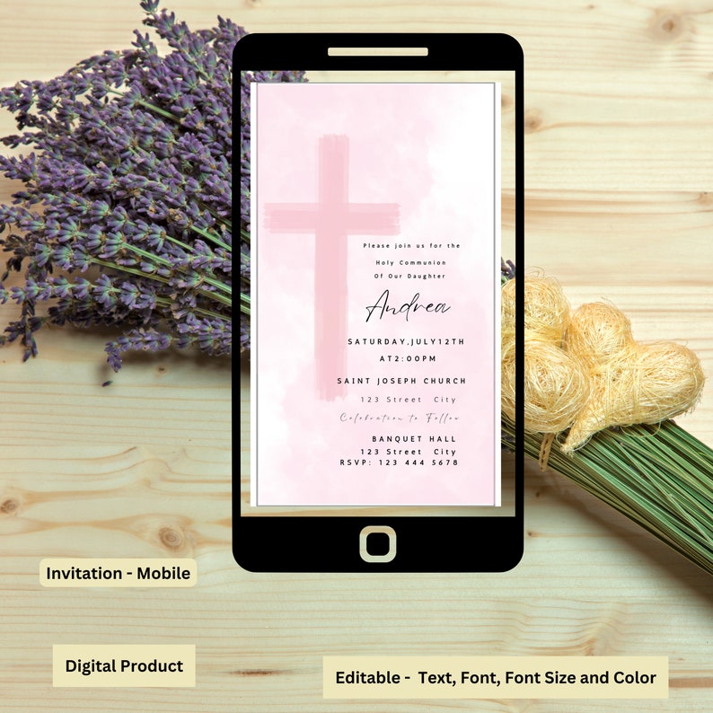 Editable First Communion Invitation, Pink First Holy Communion ...