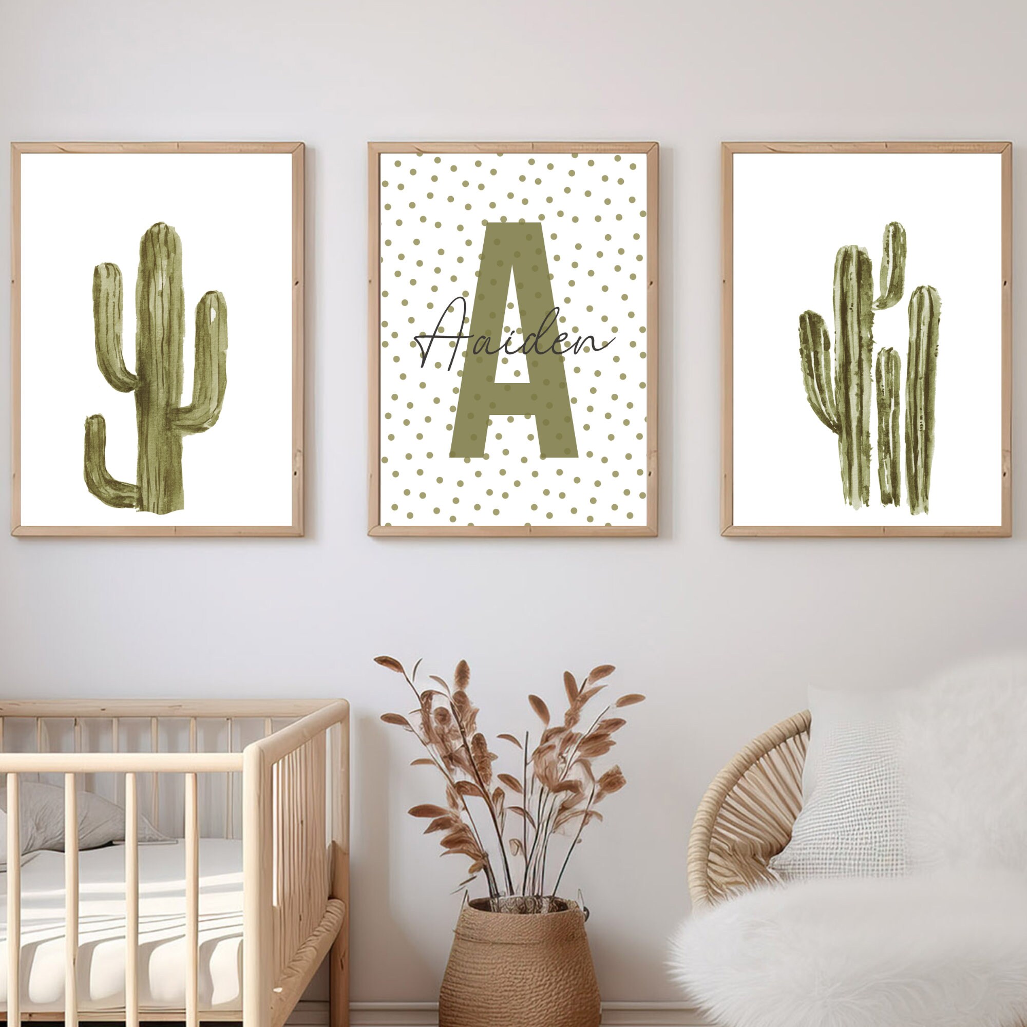 Boho Cactus Prints Set of 3, Custom Initial Nursery Decor, Sage Green ...