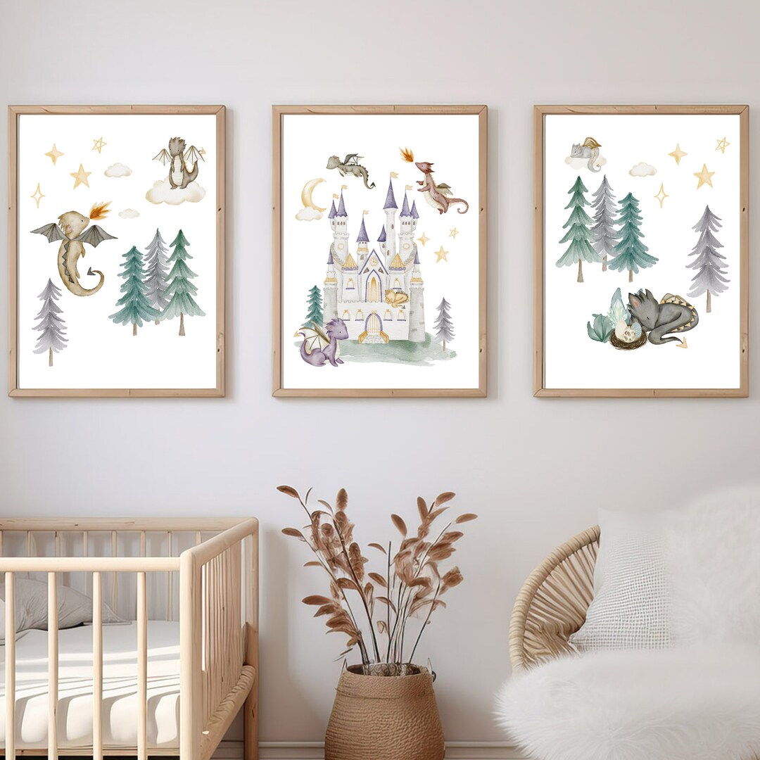 Fairytale Baby Dragon Prints, Castle & Mythical Creatures Nursery Wall ...