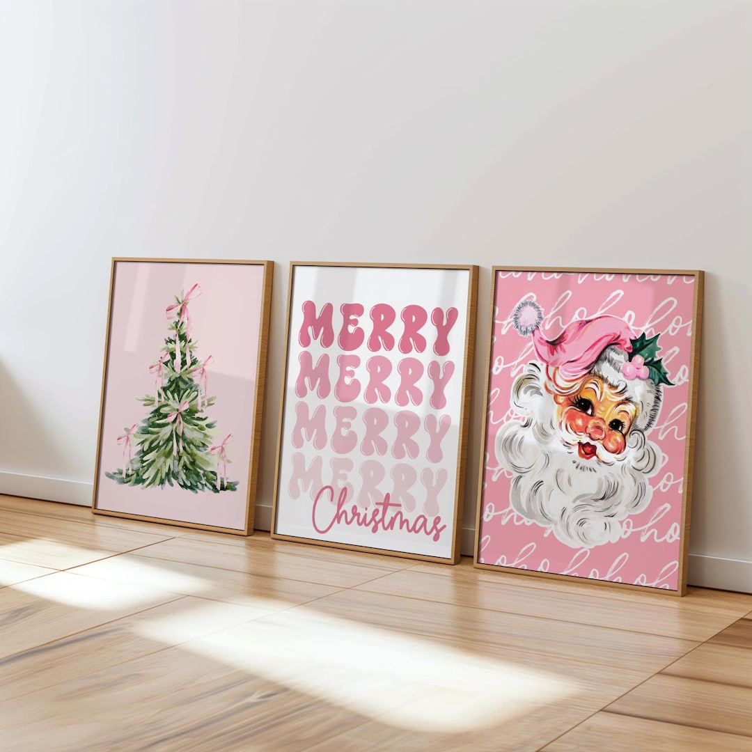 Pink Christmas Wall Art Prints: Preppy Holiday Decor (set of 3 ...
