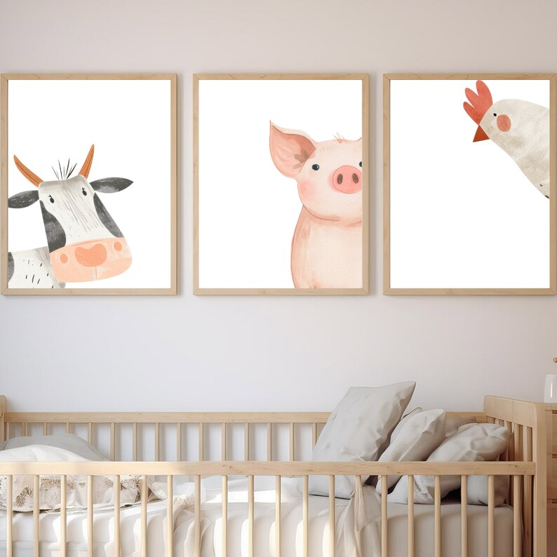 Adorable Peek-a-boo Farm Animals Nursery Wall Art Set: Cow, Chicken ...