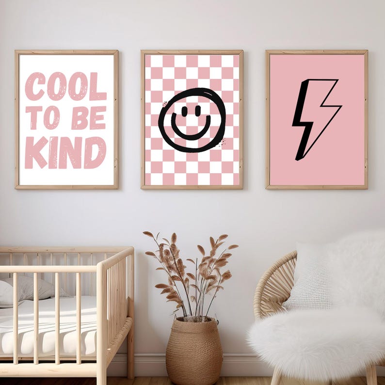 Cool to Be Kind Checkered Print, Modern Nursery Wall Art, Pink Playroom ...