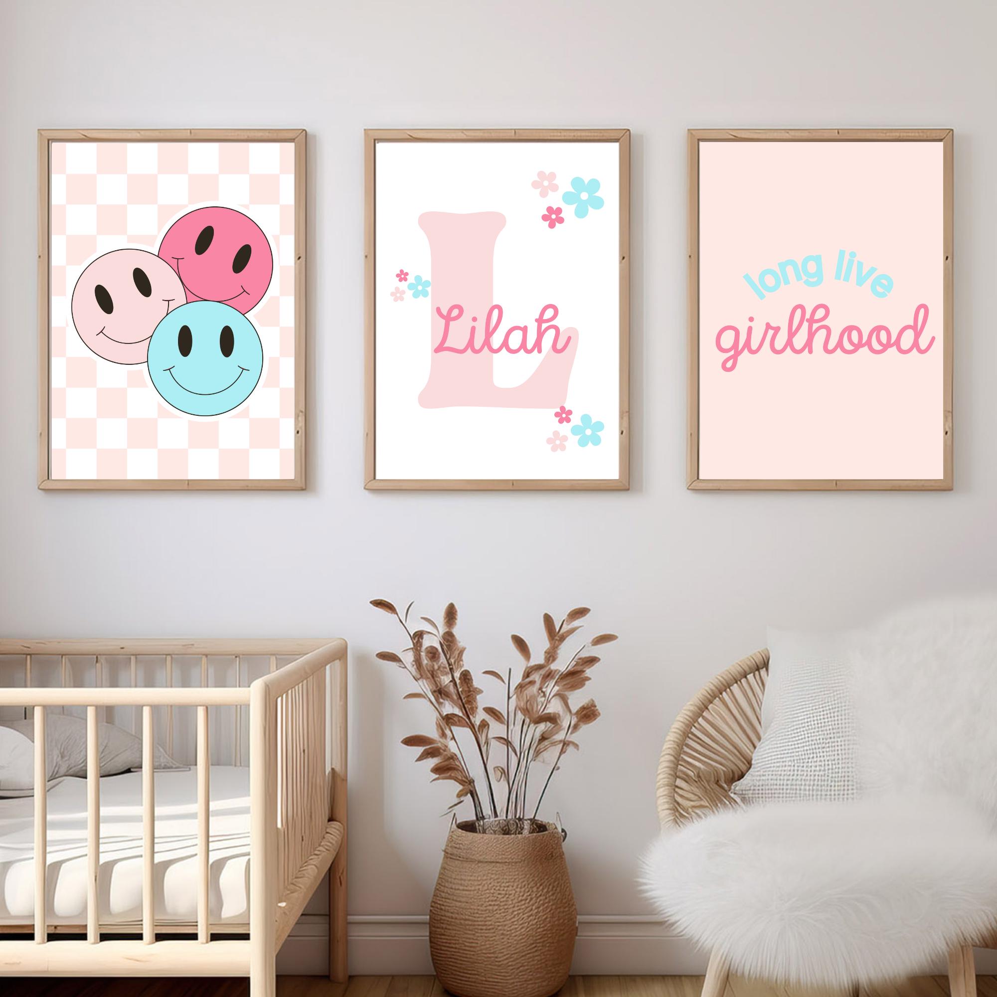 Girl Nursery Wall Art Set of 3 Prints, Custom Name Art for Smiley Girl ...