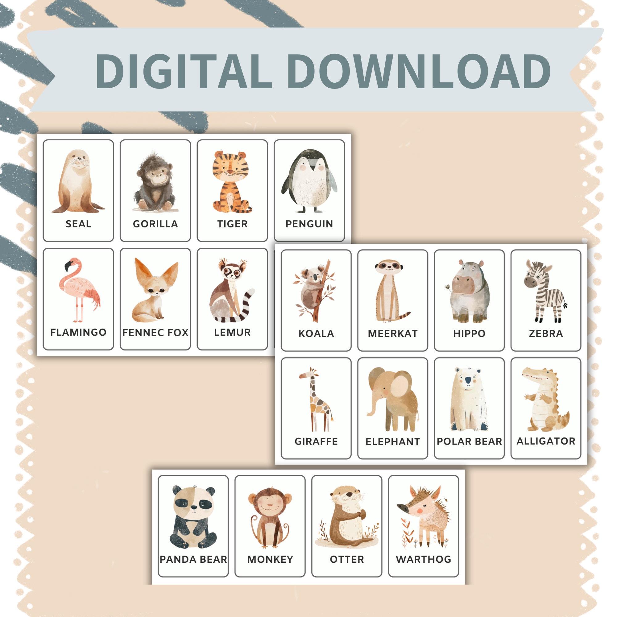 Animal Flashcards Set - 20 Preschool Vocabulary Cards for Reading ...