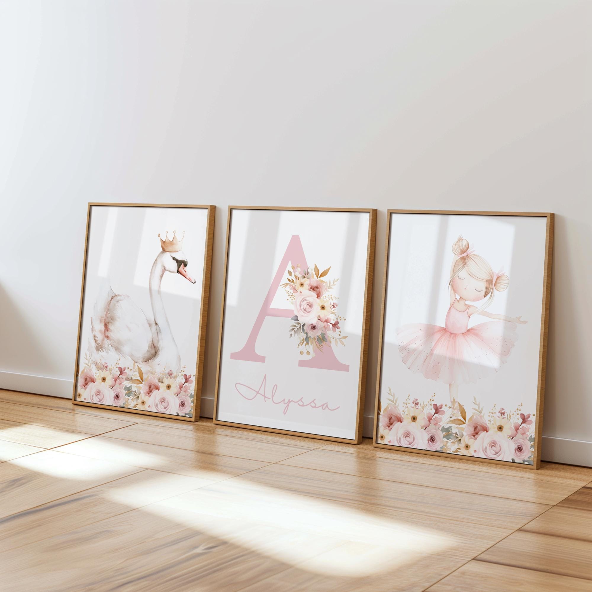 Girls Bedroom Prints, Ballerina Nursery Art Set of 3, Floral Swan Decor ...