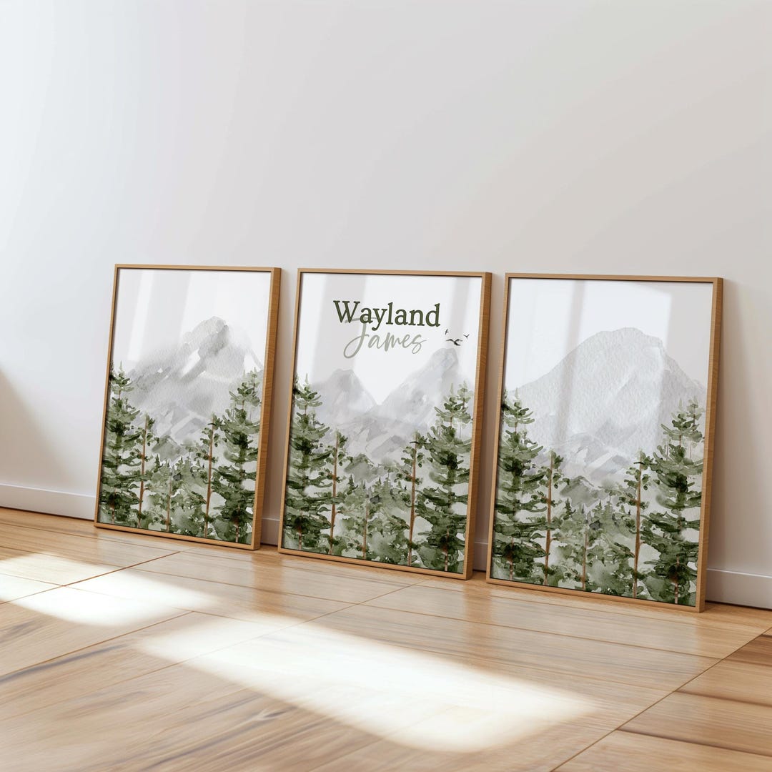 Personalized Nursery Wall Art Set of 3 - Custom Name Mountain & Forest ...