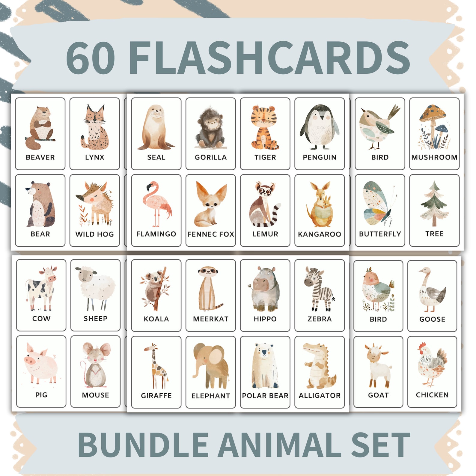 Animal Flashcards Set - 60 Preschool Vocabulary Cards for Reading ...