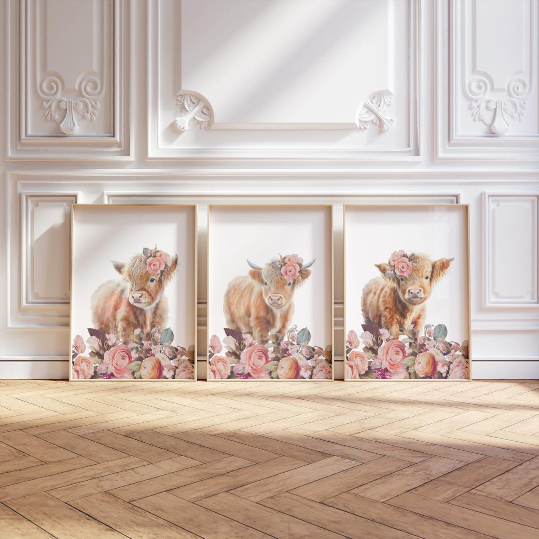 Baby Highland Cow Nursery Art Print, Floral Cow Nursery Wall Decor ...