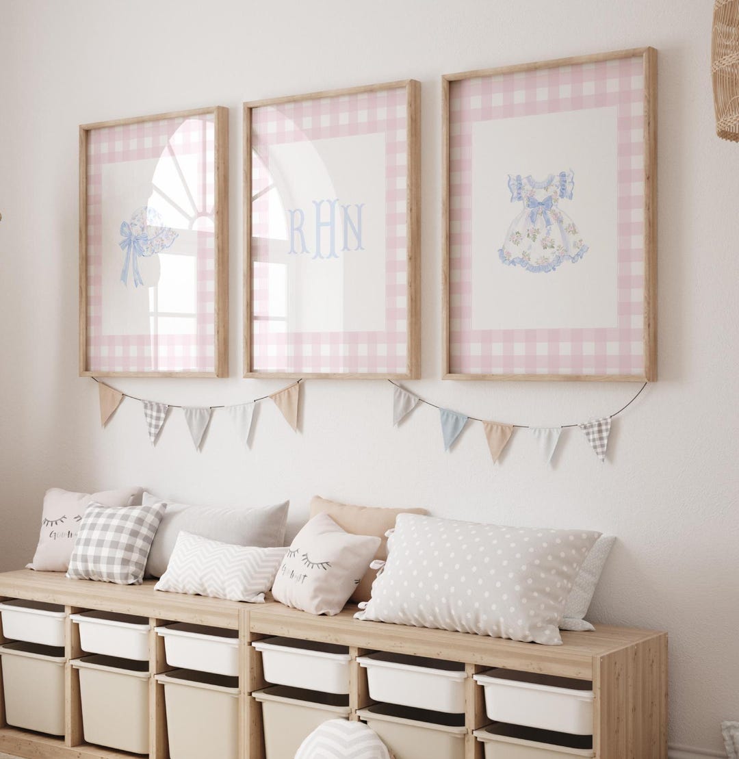 Pink Gingham Nursery Prints Set: Grandmillennial Floral Wall Art ...