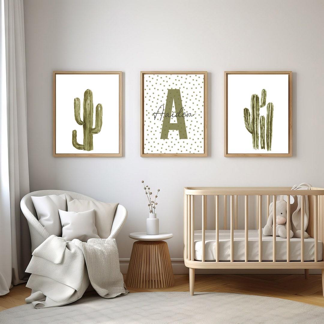 Boho Cactus Prints Set of 3, Custom Initial Nursery Decor, Sage Green ...
