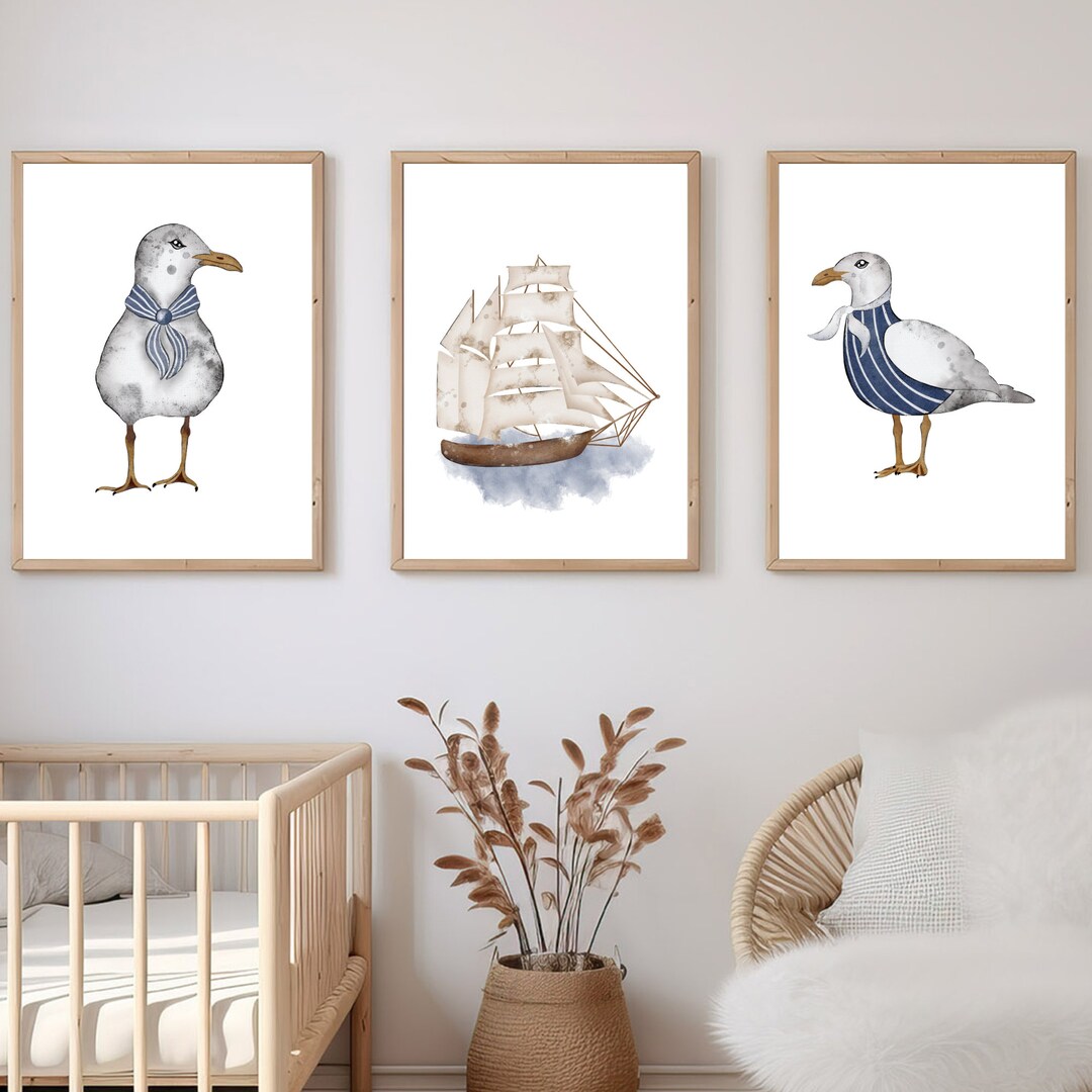 Nautical Watercolor Art Print Bundle - Seagull, Sail Boat, Beach Bird ...